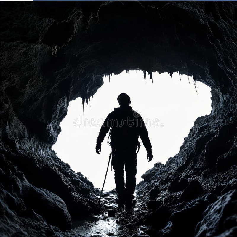 Cave Explorer Silhouette Emerging from a Dark Cave Stock Illustration ...