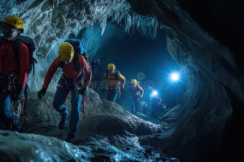 Cave Explorers Navigating a Dark and Narrow Passage Stock Illustration ...