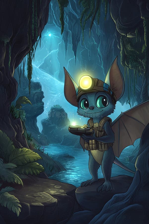 A Cave Exploring Bat with Helmet Light Stock Illustration ...