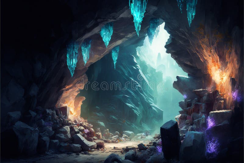 Cave in the Fantasy World, with Blue Crystals Hanging on the Top Stock ...