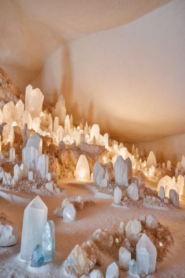 A Cave Filled with Crystal Formations and Golden Light. Stock Photo ...