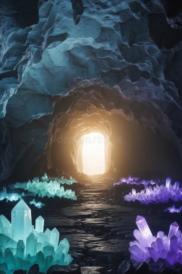 A Cave Filled with Glowing Crystals and a Bright Light at the End ...