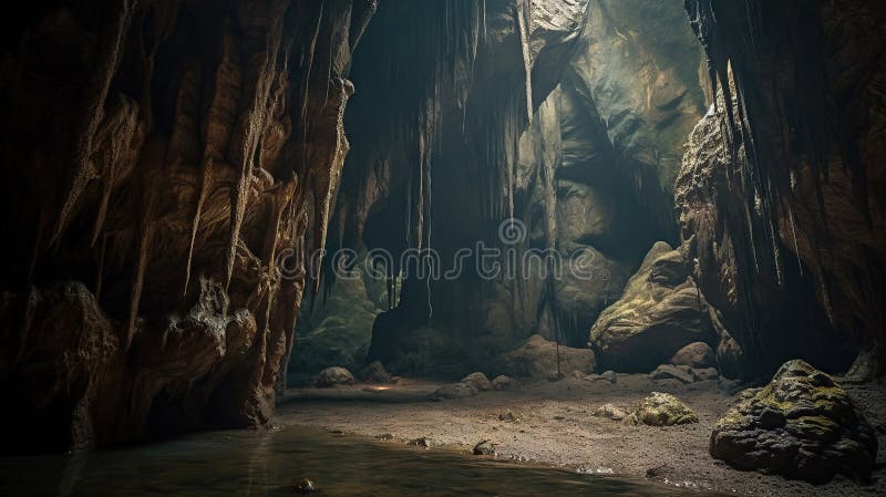 A Cave Filled with Lots of Tall Rocks and a Stream Stock Illustration ...