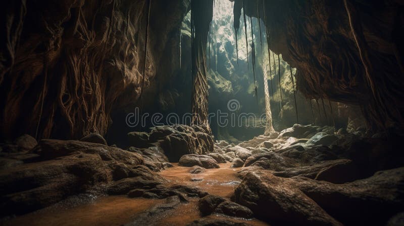 A Cave Filled with Lots of Trees and Rocks Next To a River Stock ...