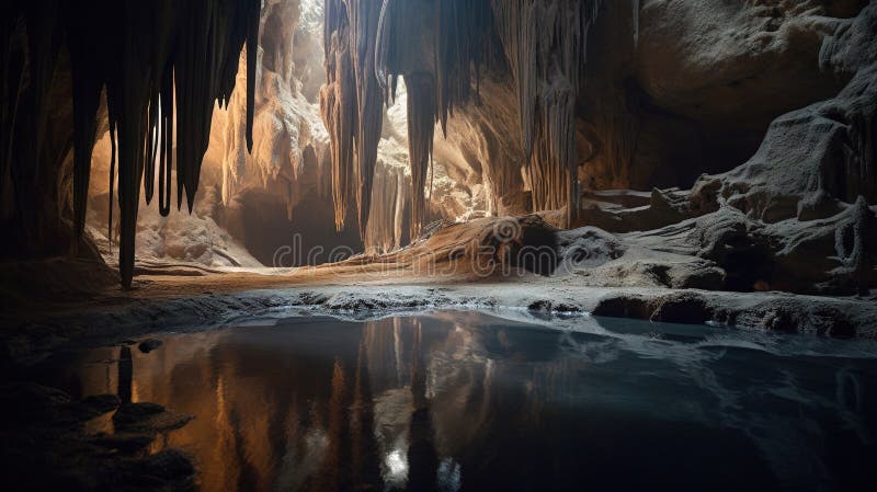 A Cave Filled with Lots of Water Surrounded by Ice and Snow Stock ...