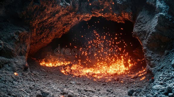 A Cave with a Fire Burning Inside of it Stock Image - Image of ...