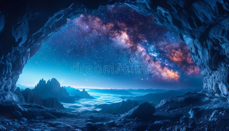 Cave on a High Mountain at Night, View from Inside. Nighttime Sky and ...