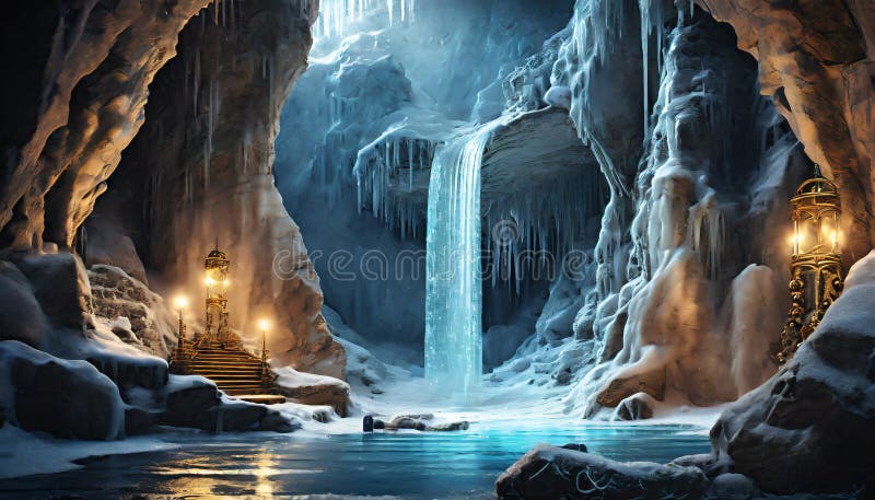 Cave with ice waterfall stock illustration. Illustration of reflection ...