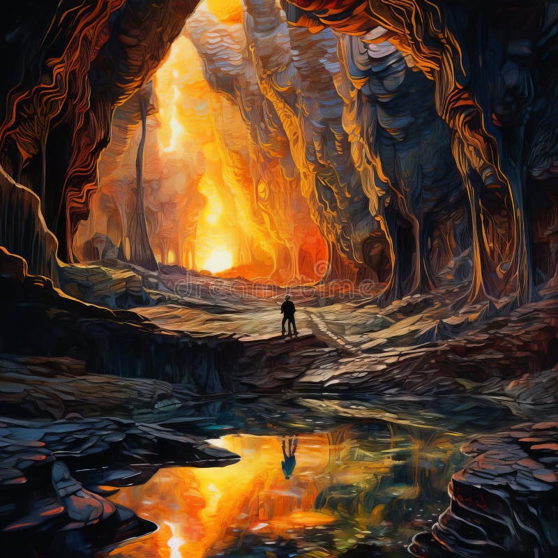 Desolate Fiery Landscape Reflected in Calm Cave Waters Stock ...