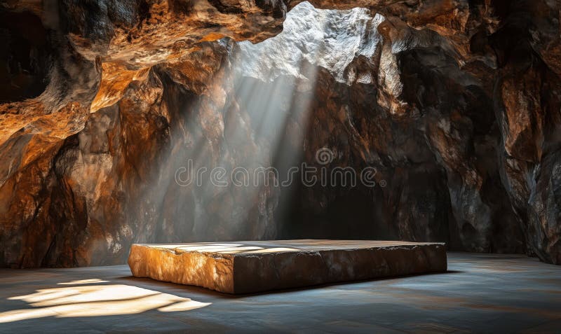 Cave Interior with Illuminated Stone Platform, Natural Light Beams ...