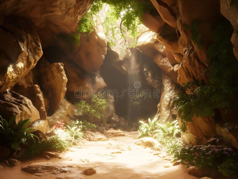 Cave Interior: Light Beam, Stone Walls, Path, Mystical Scene Stock ...