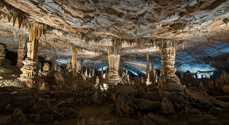 A Cave Interior with Prominent Stalactites and Stalagmites Forming ...