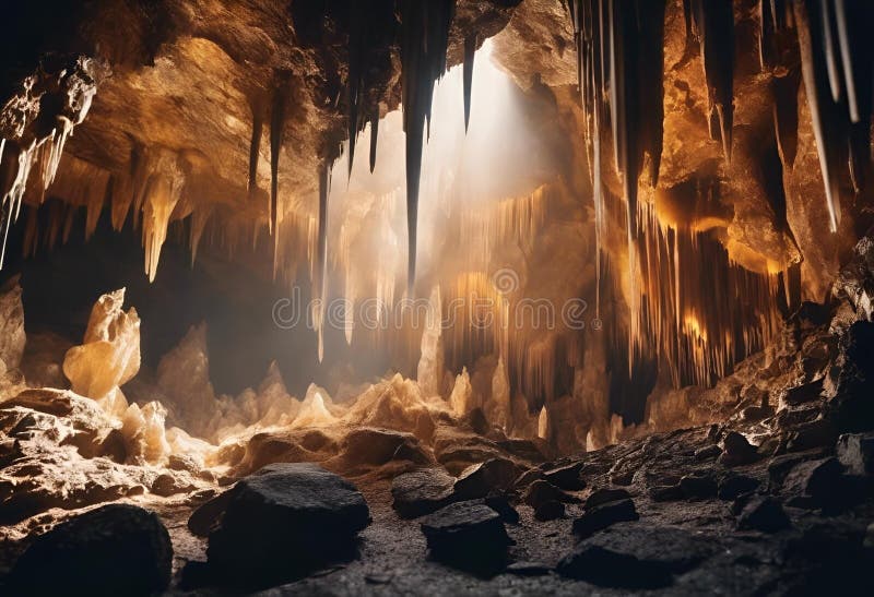 Cave Interior with Stalactites and Stalagmites Illuminated by Natural ...