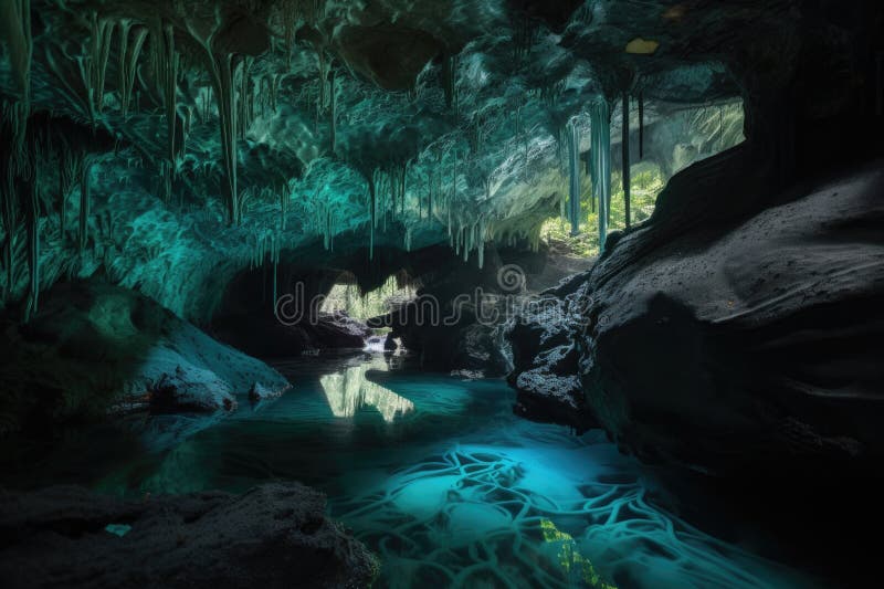 Cave with Intricate Pattern of Glowing Blue and Green Algae Stock ...