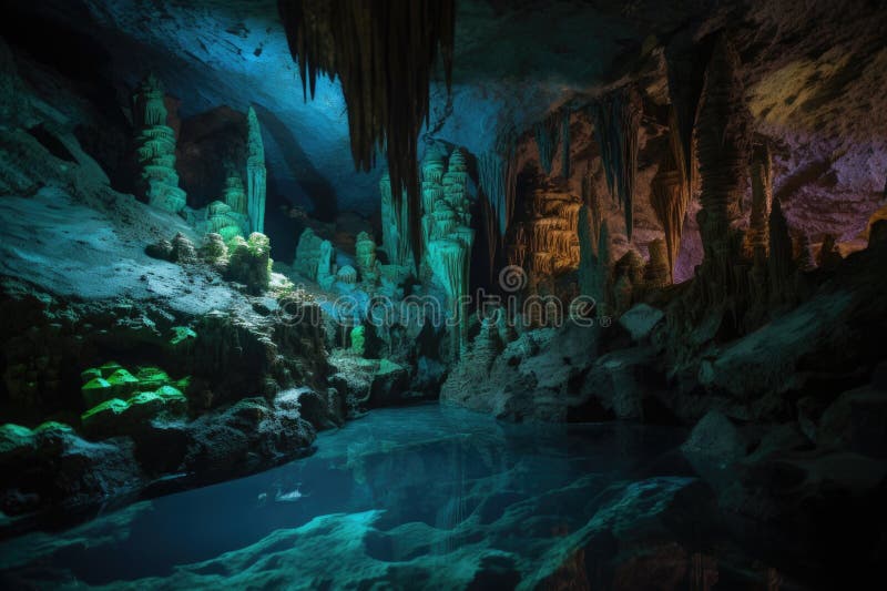 Cave with Intricate Pattern of Glowing Blue and Green Algae Stock ...