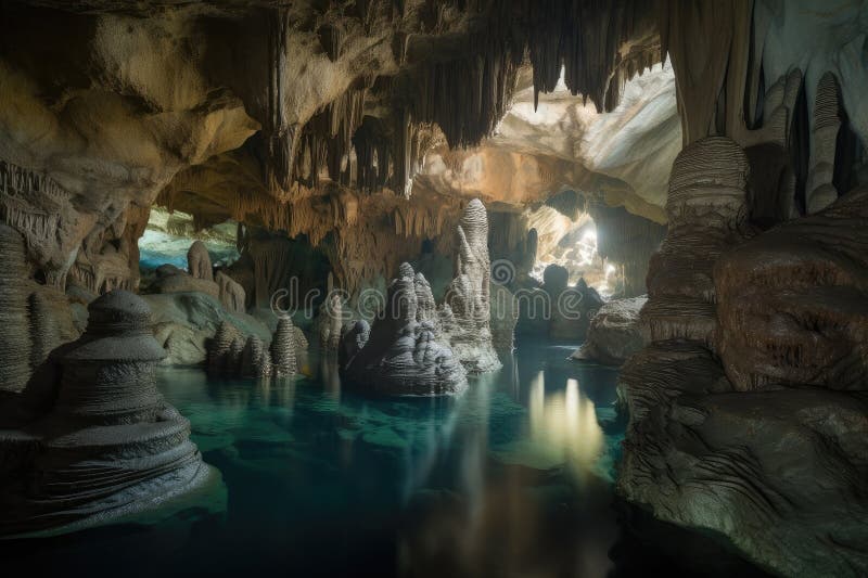 Cave with Intricate Rock Formations and Underwater View Stock ...