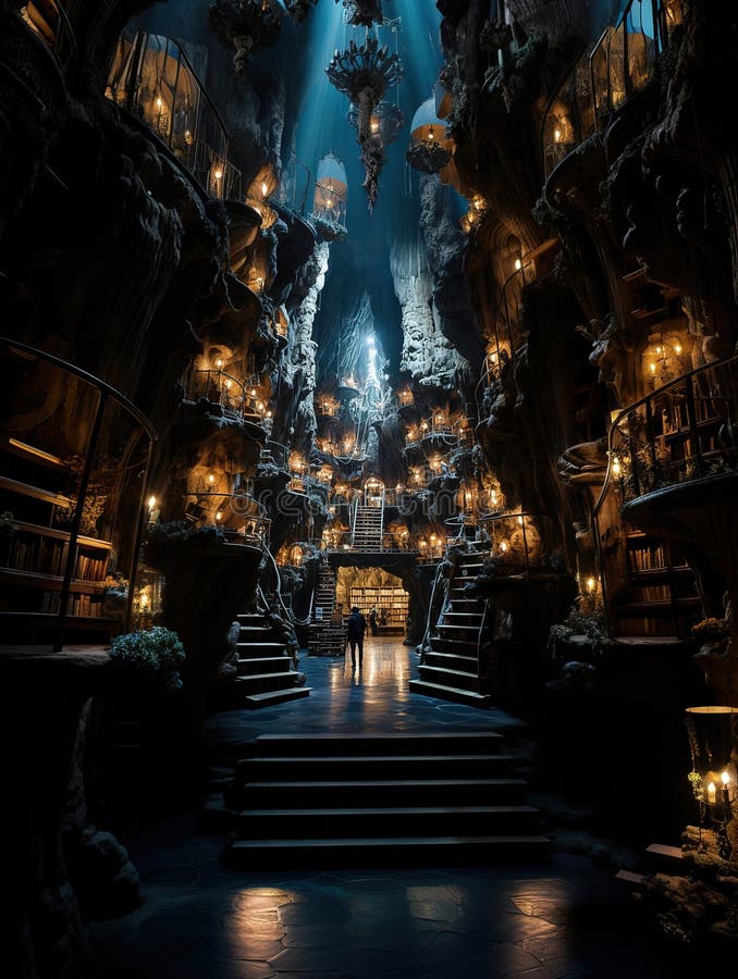 Cave of Knowledge: a Library Hidden within Nature S Depths Stock Image ...
