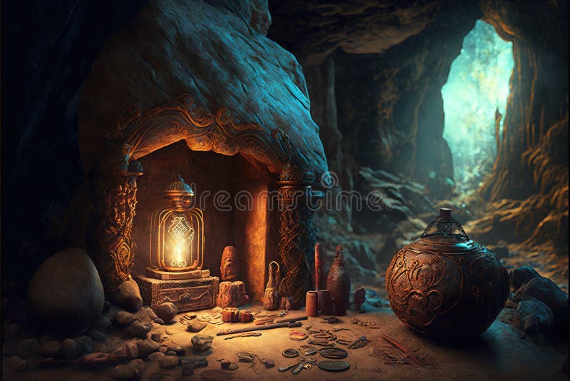 A Cave with a Lantern and a Lantern on the Ground Next To it and a ...