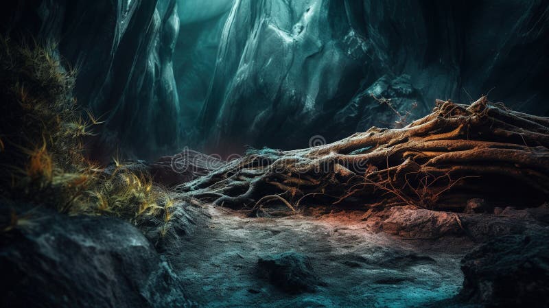 A Cave with a Large Tree Growing Out of the Ground Stock Illustration ...