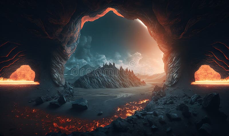 A Cave with Lava and Lava Surrounding it and a Mountain in the Distance ...