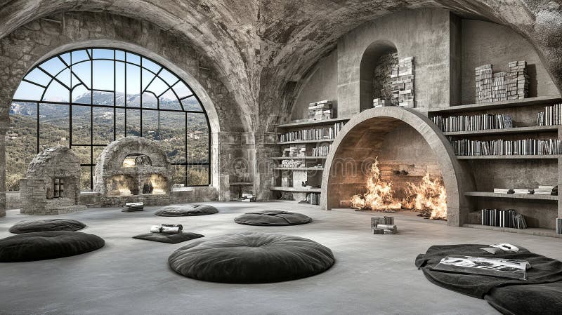 Cave Library Fireplace Mountain View Meditation Stock Image - Image of ...