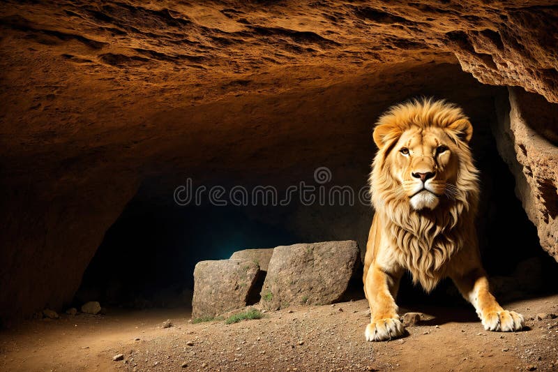 A Cave Lion Standing in Front of a Cave Entrance. Stock Photo - Image ...