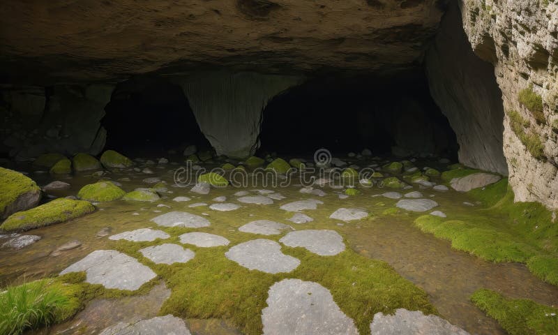 A Cave with Moss Growing on the Rocks Stock Illustration - Illustration ...