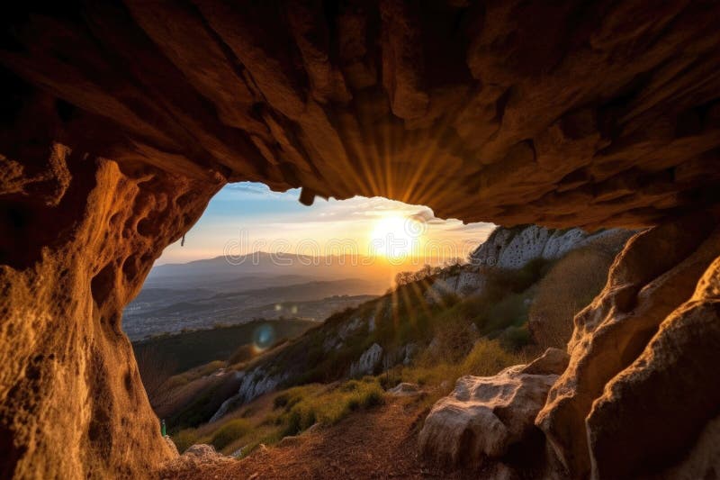 Cave in Mountain, with a View of Rolling Hills, and the Sun Setting on ...