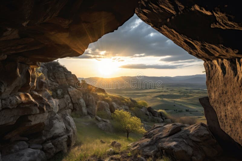 Cave in Mountain, with a View of Rolling Hills, and the Sun Setting on ...