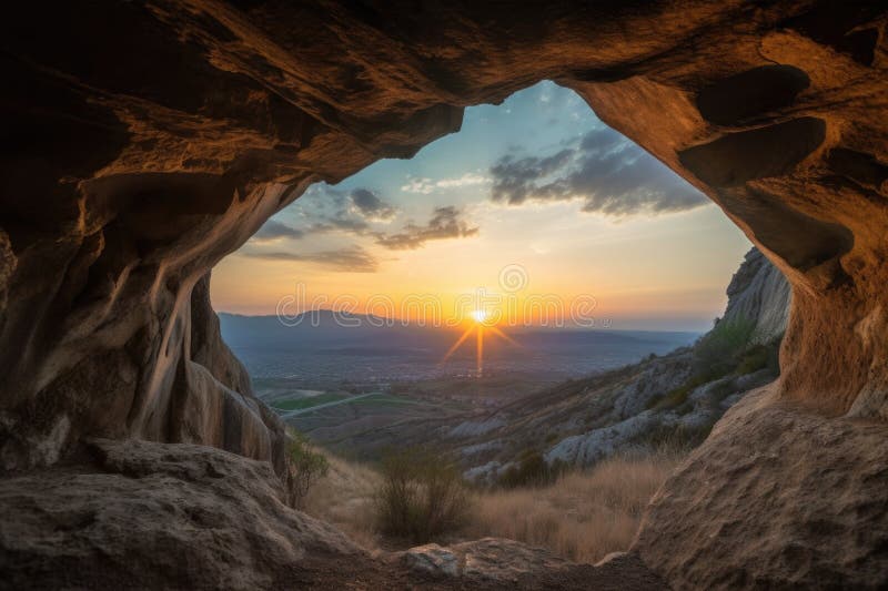 Cave in Mountain, with a View of Rolling Hills, and the Sun Setting on ...