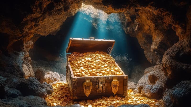 Cave with an Open Treasure Box Filled with Shiny Gold Stock ...