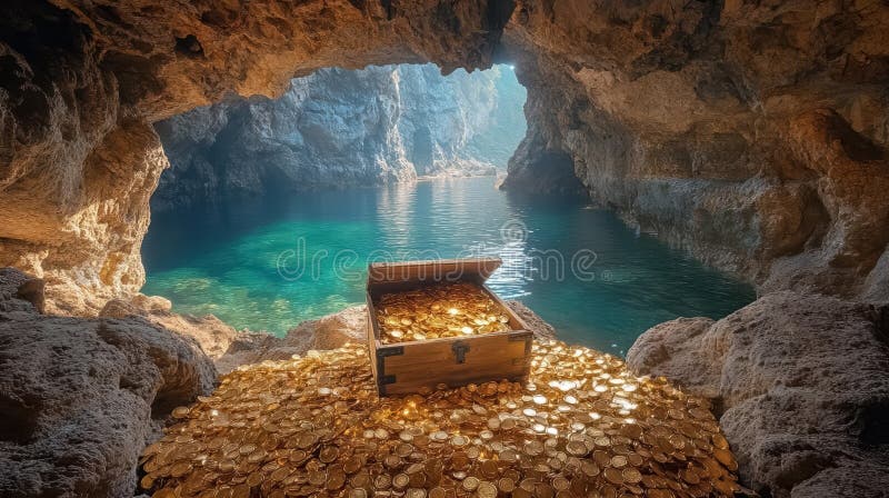Cave with an Open Treasure Box Filled with Shiny Gold Stock ...