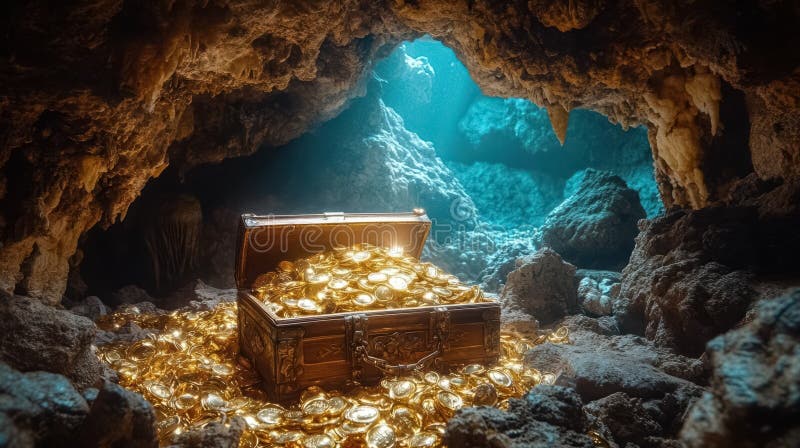 Cave with an Open Treasure Box Filled with Shiny Gold Stock ...
