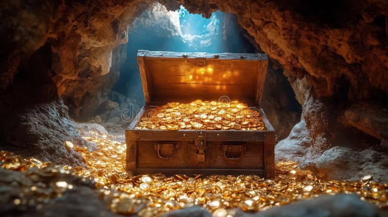 Cave with an Open Treasure Box Filled with Shiny Gold Stock ...