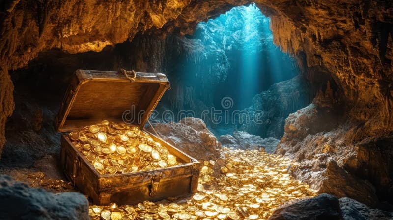 Cave with an Open Treasure Box Filled with Shiny Gold Stock ...