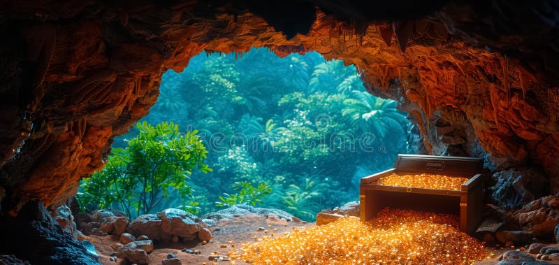 Cave with an Open Treasure Box Filled with Shiny Gold Stock ...