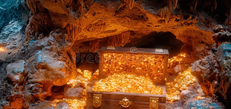 Cave with an Open Treasure Box Filled with Shiny Gold Stock ...