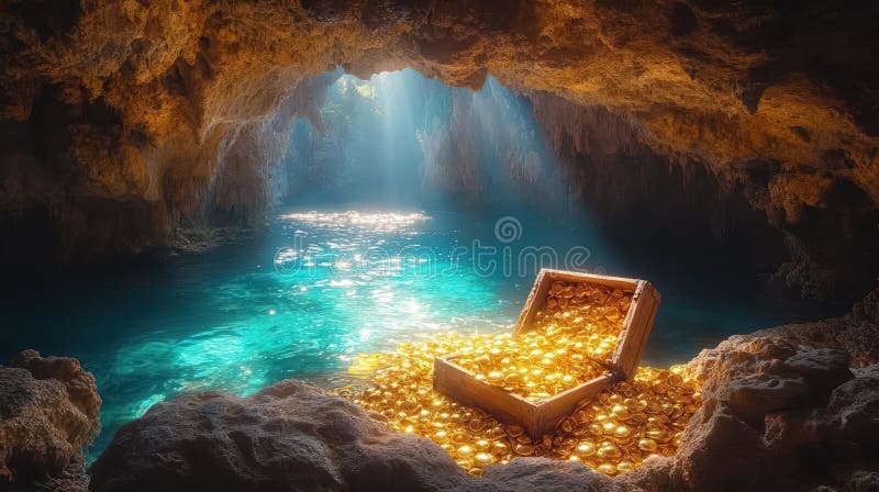 Cave with an Open Treasure Box Filled with Shiny Gold Stock ...