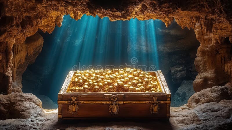 Cave with an Open Treasure Box Filled with Shiny Gold Stock ...