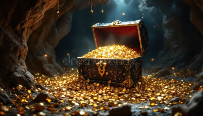 Cave with an Open Treasure Box Filled with Shiny Gold Stock ...