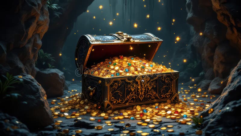 Cave with an Open Treasure Box Filled with Shiny Gold Stock ...