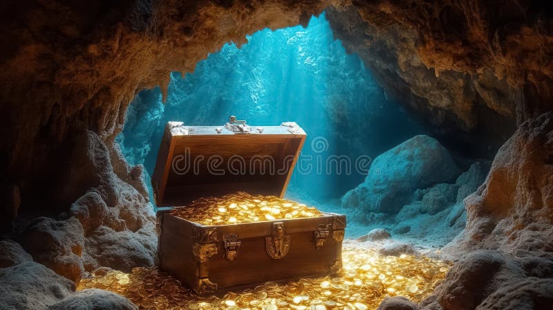 Cave with an Open Treasure Box Filled with Shiny Gold Stock ...