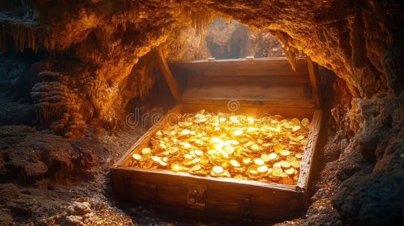 Cave with an Open Treasure Box Filled with Shiny Gold Stock ...