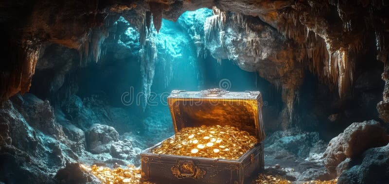 Cave with an Open Treasure Box Filled with Shiny Gold Stock ...