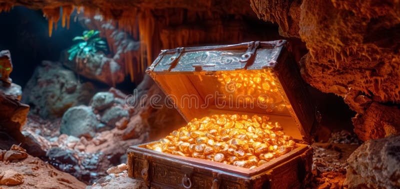 Cave with an Open Treasure Box Filled with Shiny Gold Stock ...
