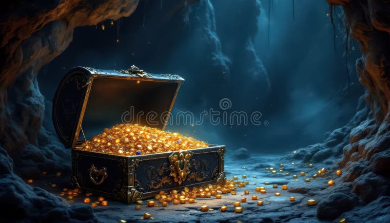 Cave with an Open Treasure Box Filled with Shiny Gold Stock ...