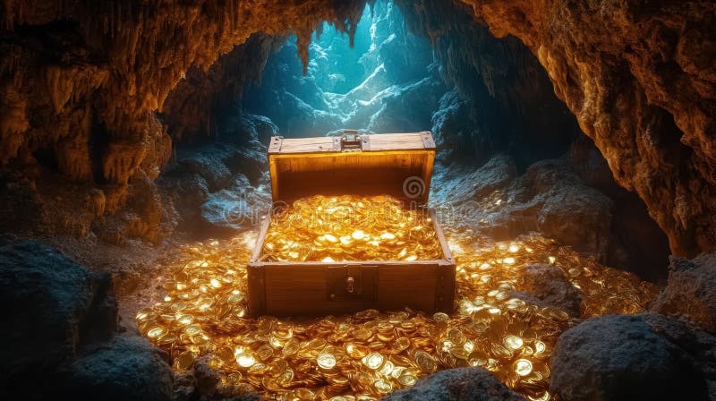 Cave with an Open Treasure Box Filled with Shiny Gold Stock ...