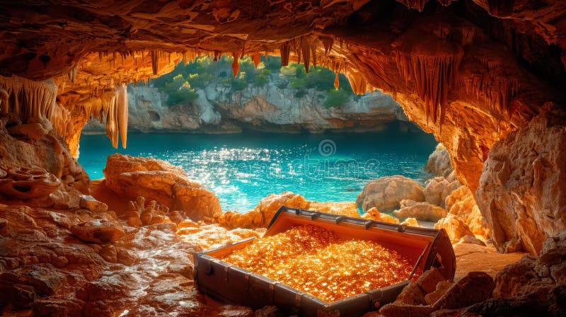 Cave with an Open Treasure Box Filled with Shiny Gold Stock ...