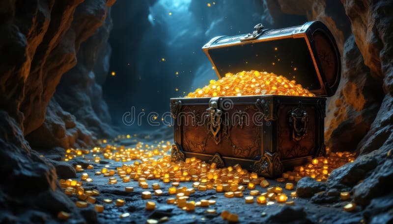 Cave with an Open Treasure Box Filled with Shiny Gold Stock ...