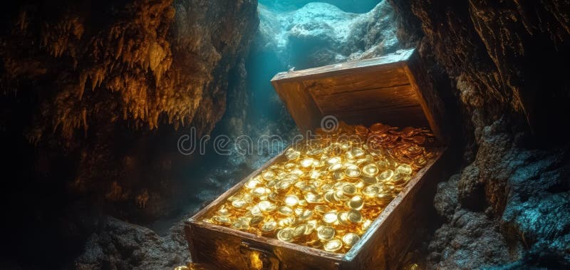 Cave with an Open Treasure Box Filled with Shiny Gold Stock ...